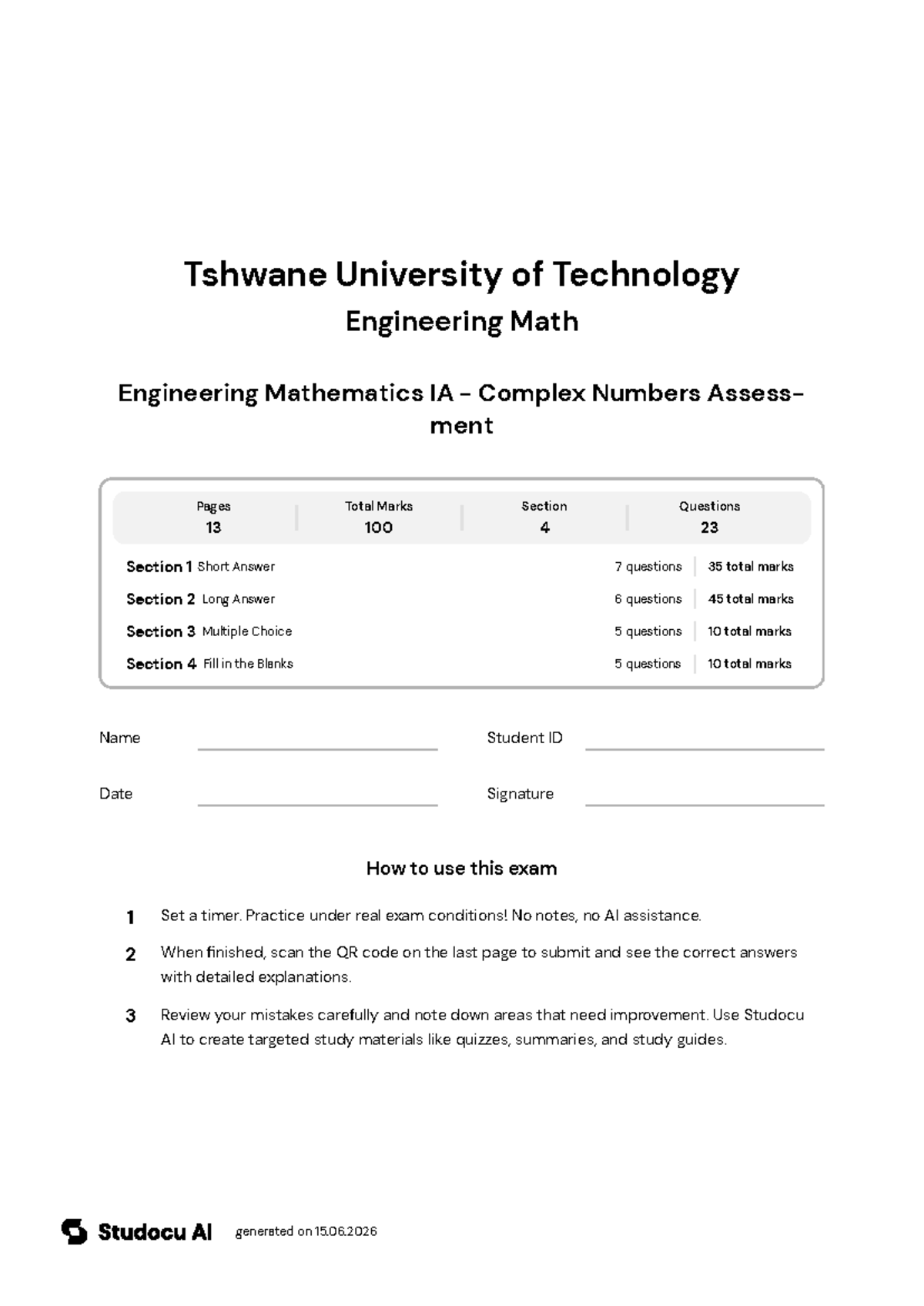 Engineering Mathematics IA - Complex Numbers Assessment - Studocu