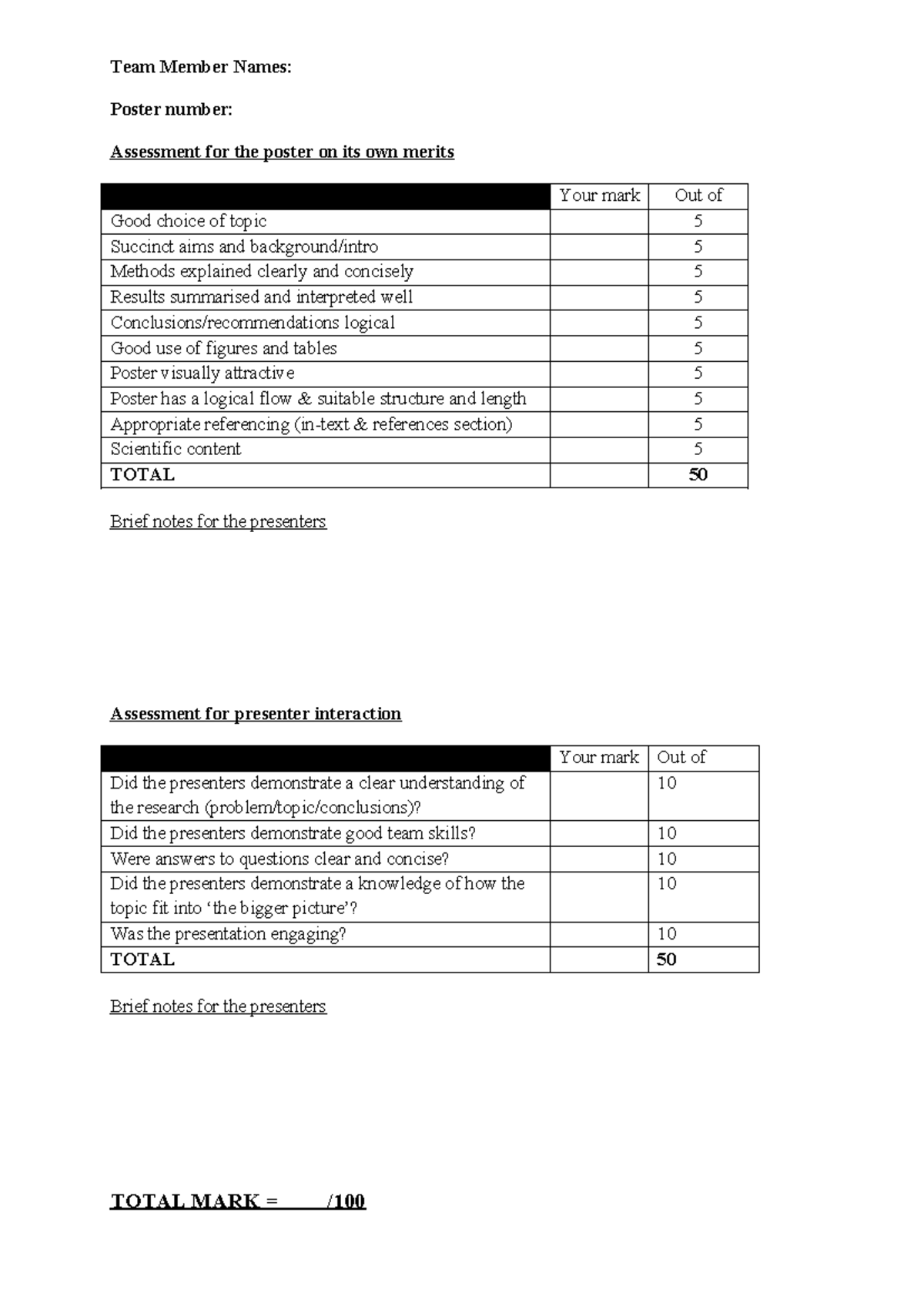 Poster Assessment Sheet: Evaluation Criteria and Scoring Guide - Studocu