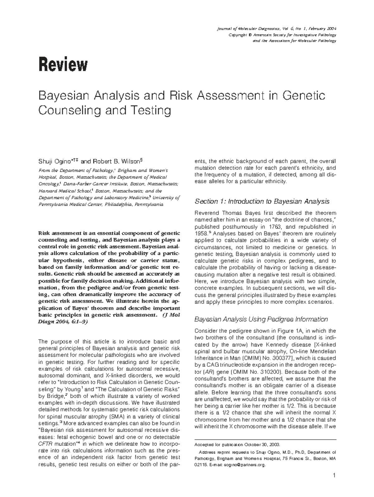 Bayesian Analysis & Risk Assessment in Genetic Counseling (JMD 2004 ...