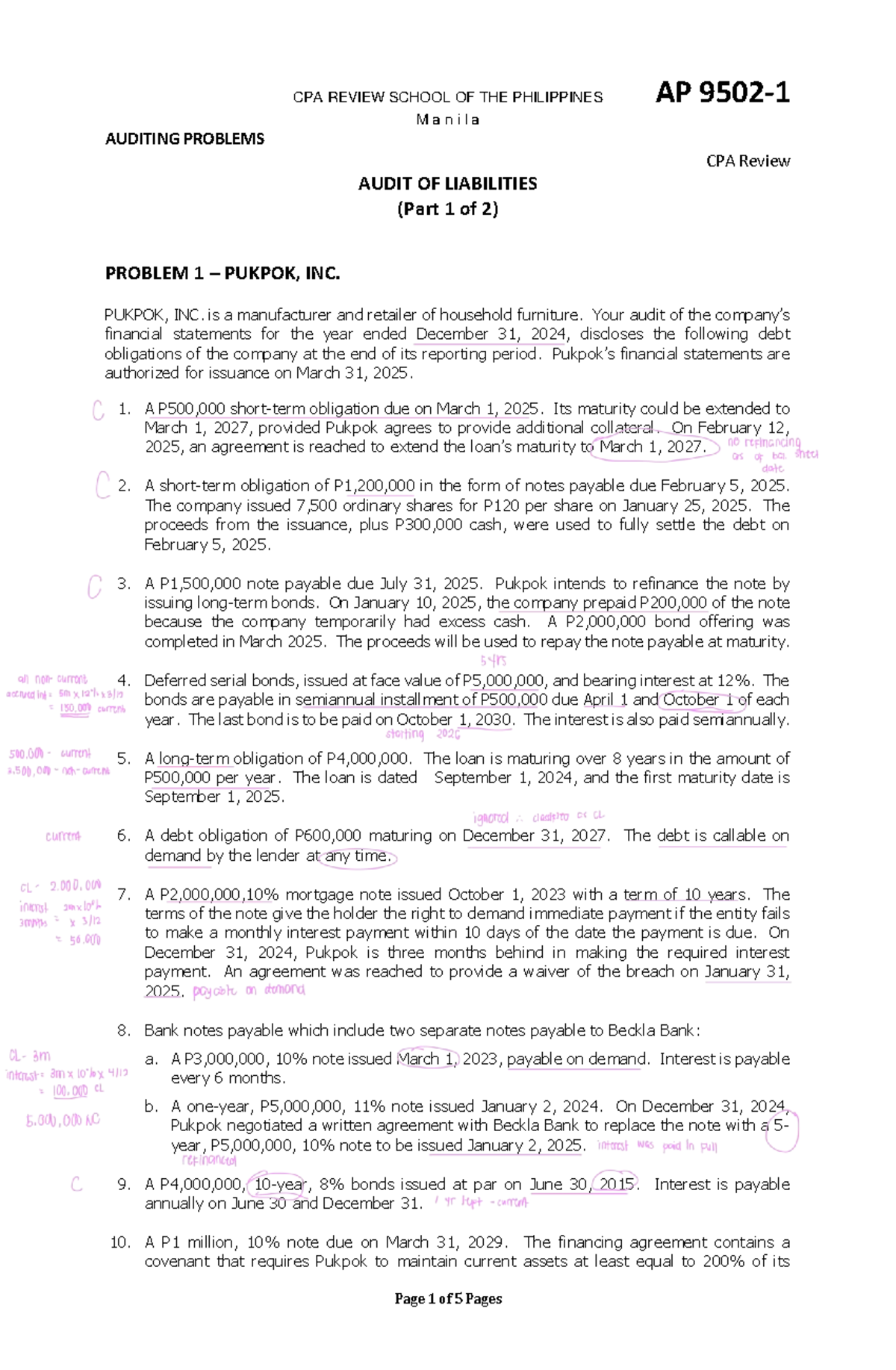 AP 9502-1: Auditing Problems on Liabilities - Pukpok, Inc. & Handusay ...