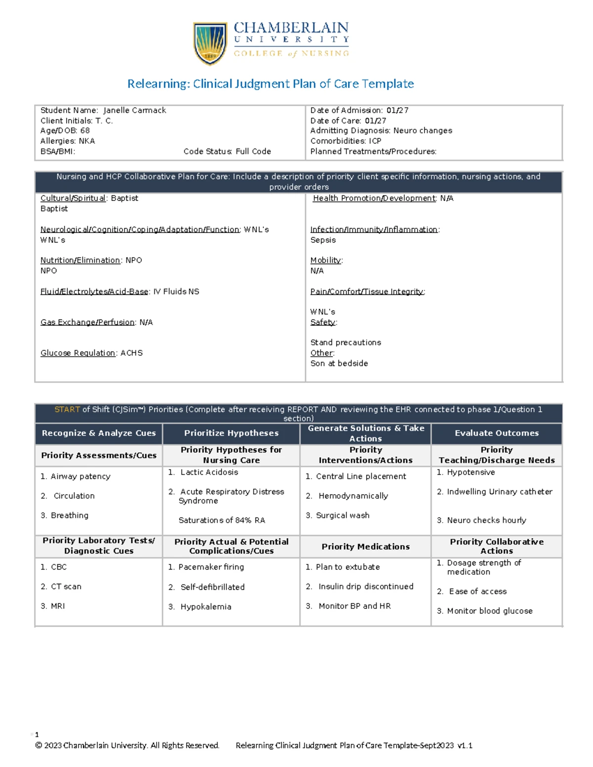 NR446 Care Plan 2 - Clinical Judgment Analysis and Interventions - Studocu