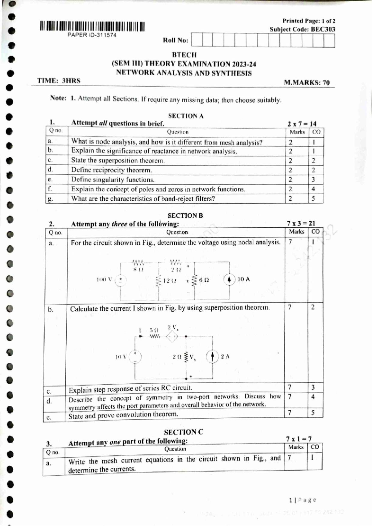 Network Analysis and Synthesis (BEC303) Previous Year Question Papers ...