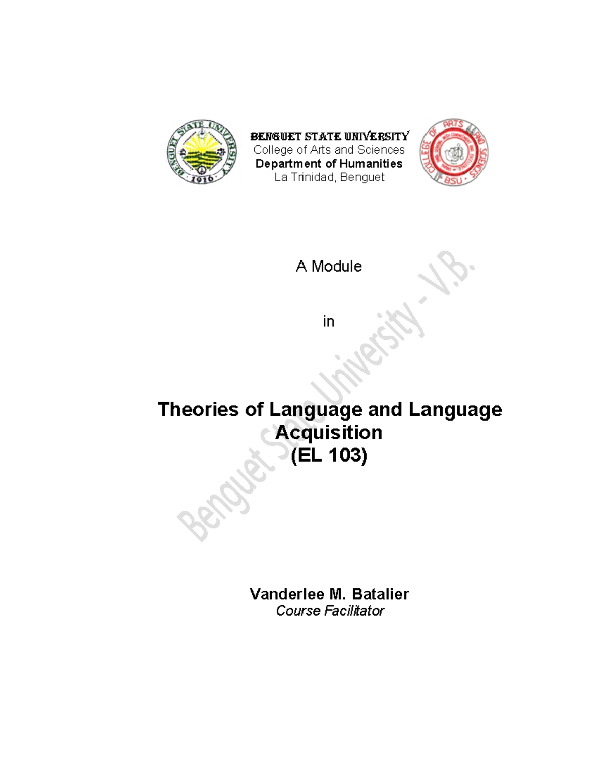 Theories of Language and Language Acquisition EL 103 - Benguet State ...