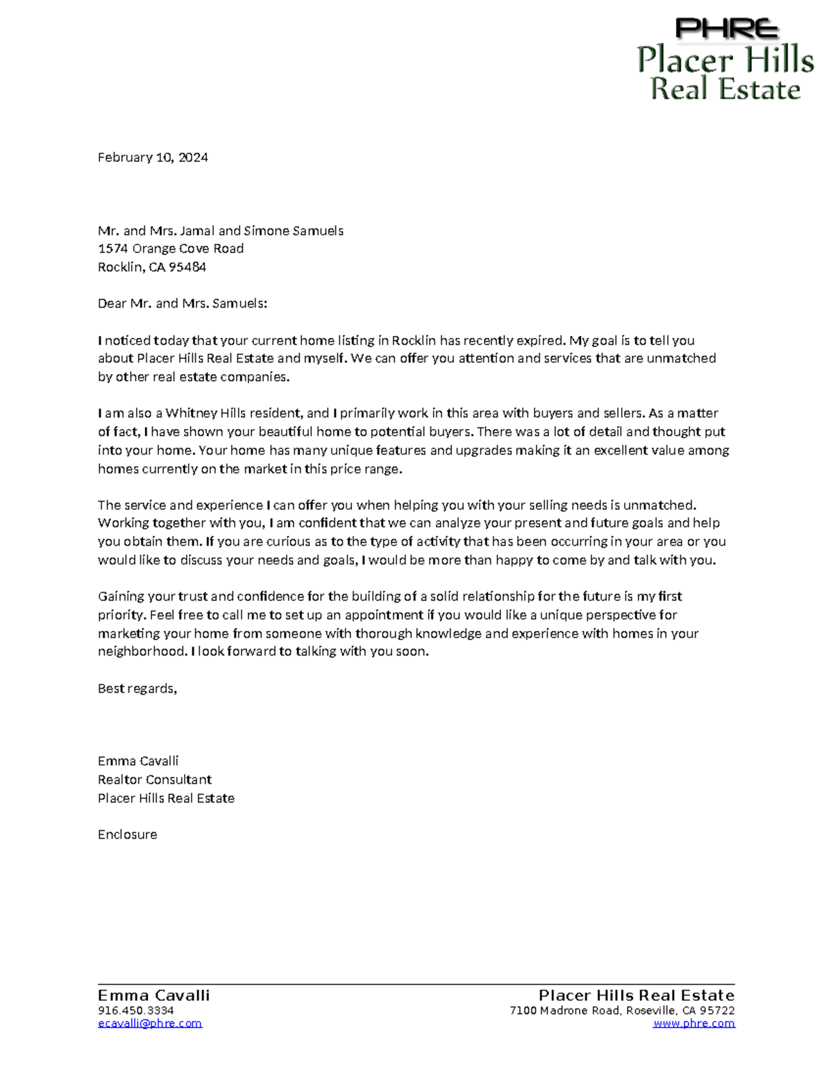 Cavilli Prospecting Letter - Introduction to Real Estate Services - Studocu