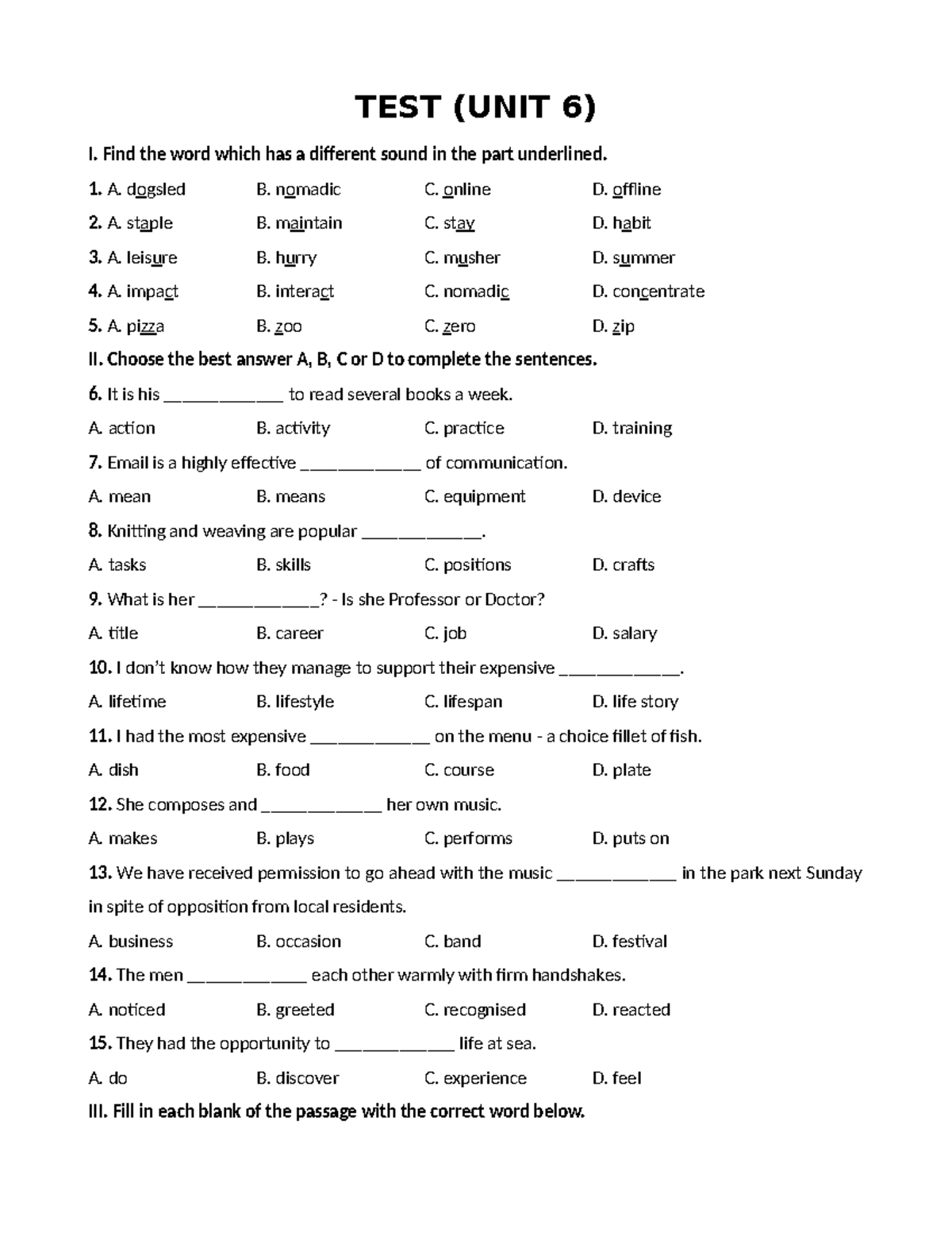UNIT 6: TEST - Vocabulary and Comprehension Exercises - Studocu