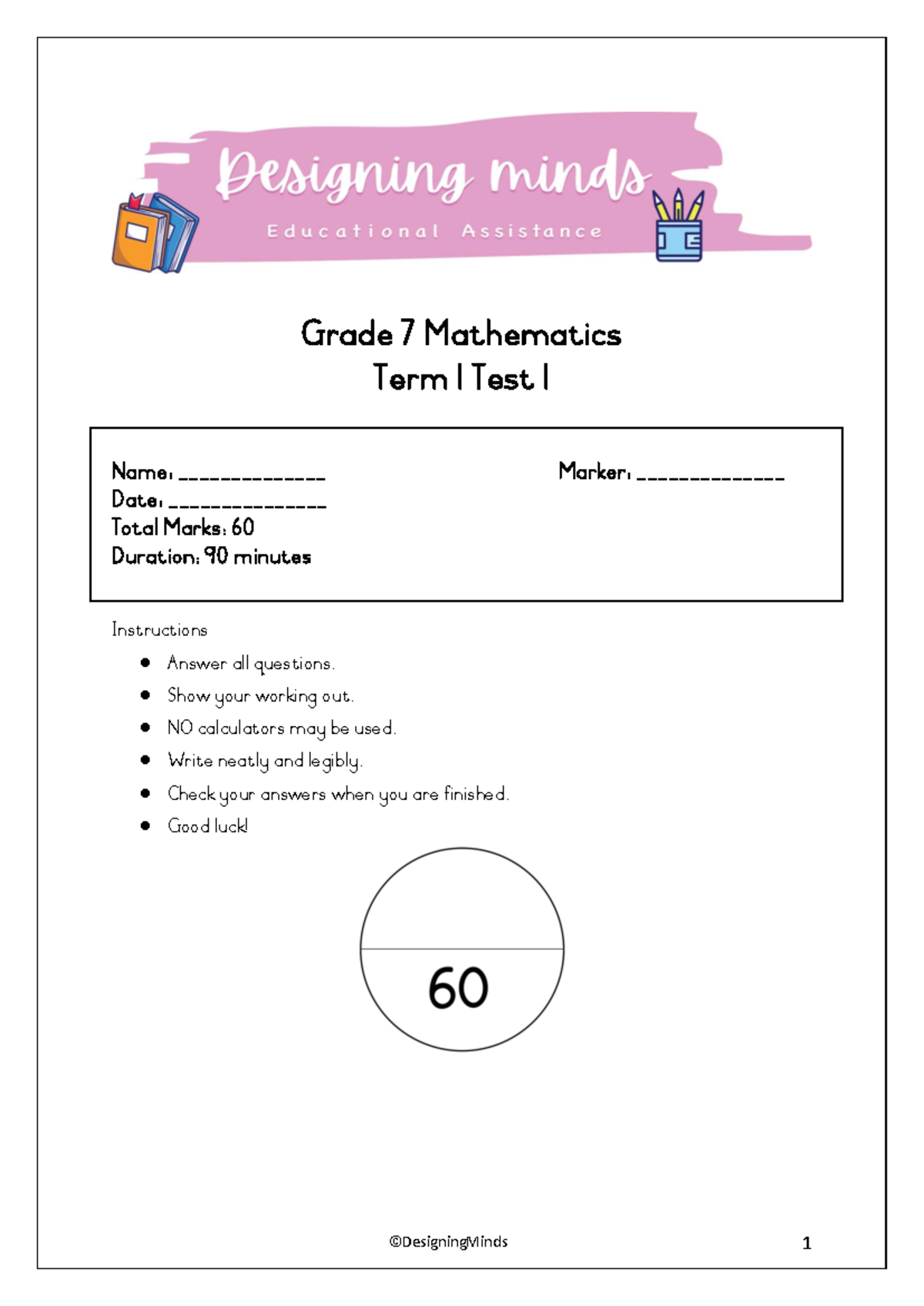 Grade 7 Math Term 1 Test 1 with Memo - Studocu