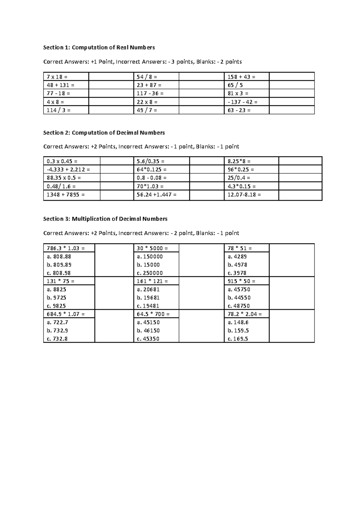 MAT 101: Practice Math Test 4 - Computation and Multiplication Section ...