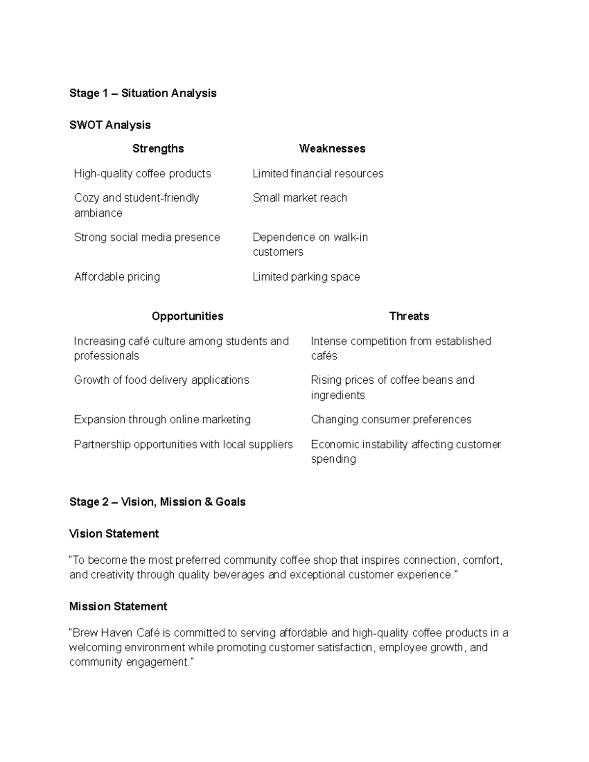 Strategic Blueprint for Brew Haven Café: SWOT & Growth Strategies - Studocu