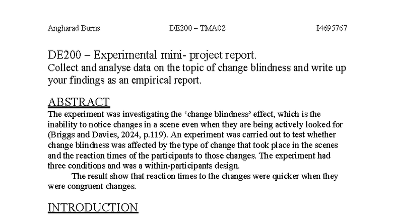 DE200 TMA02 - Change Blindness Experimental Project Report - Studocu