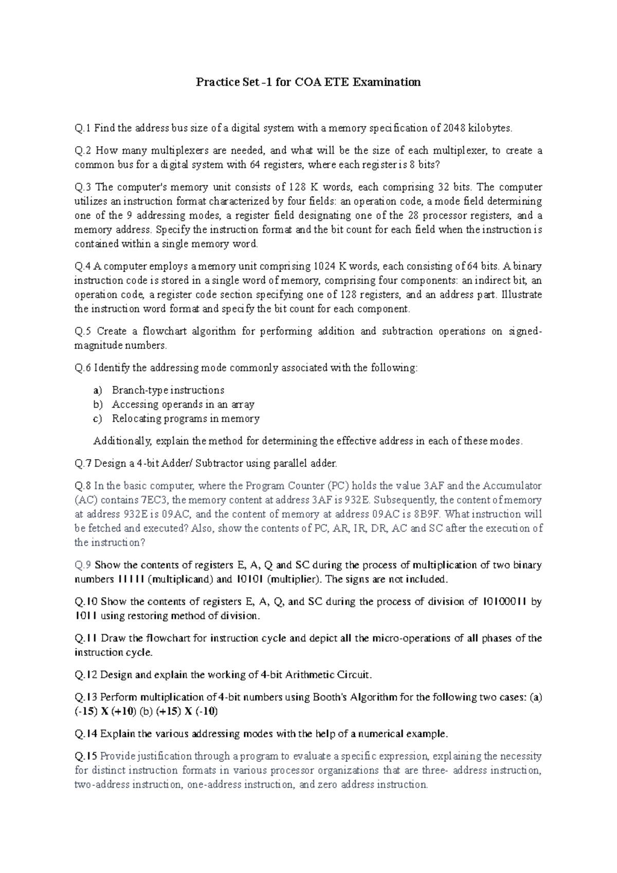 ETE Practice Set for COA Exam: Digital Systems & Algorithms - Studocu