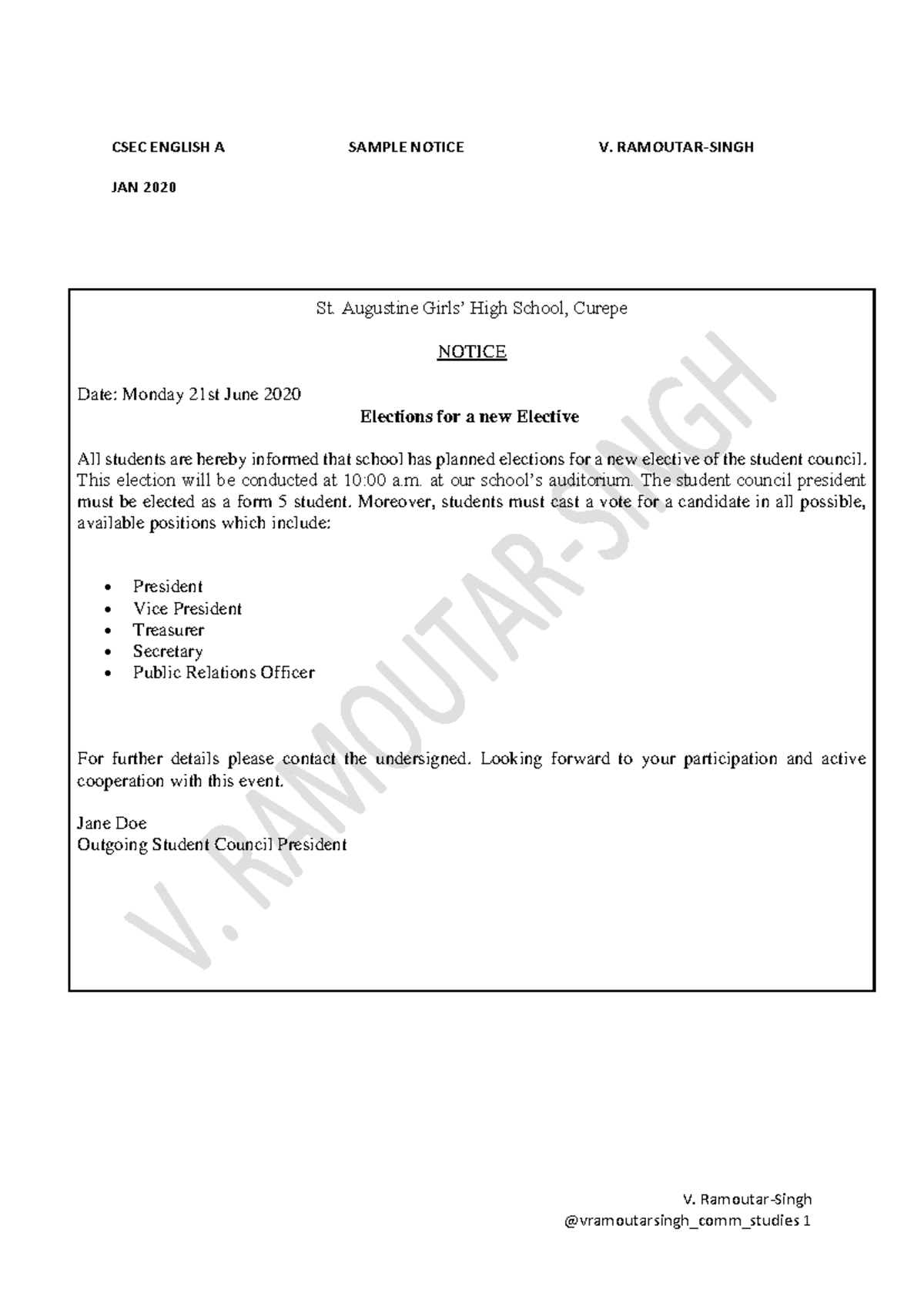 CSEC ENG A Sample Notice for Student Council Elections - Jan 2020 - Studocu