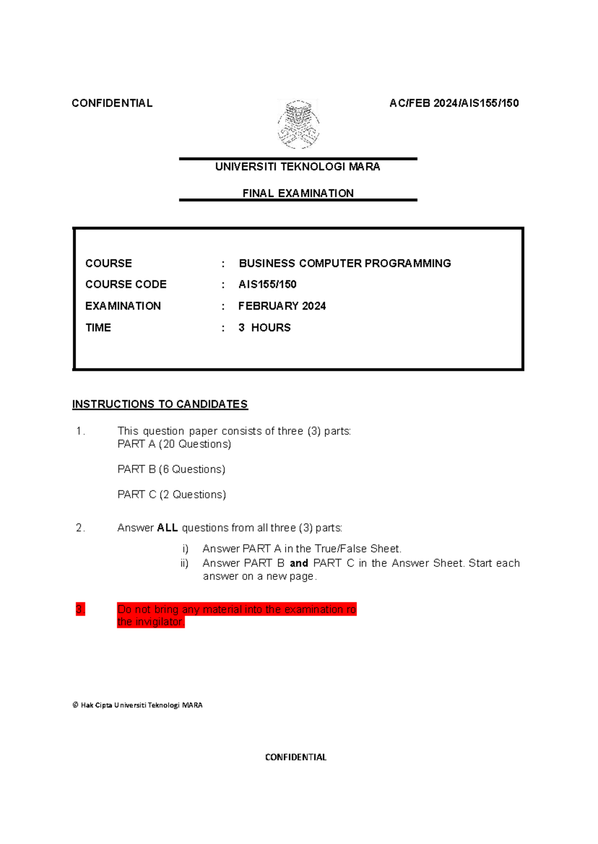BUSINESS COMPUTER PROGRAMMING FINAL EXAMINATION FEB 2024 - Studocu
