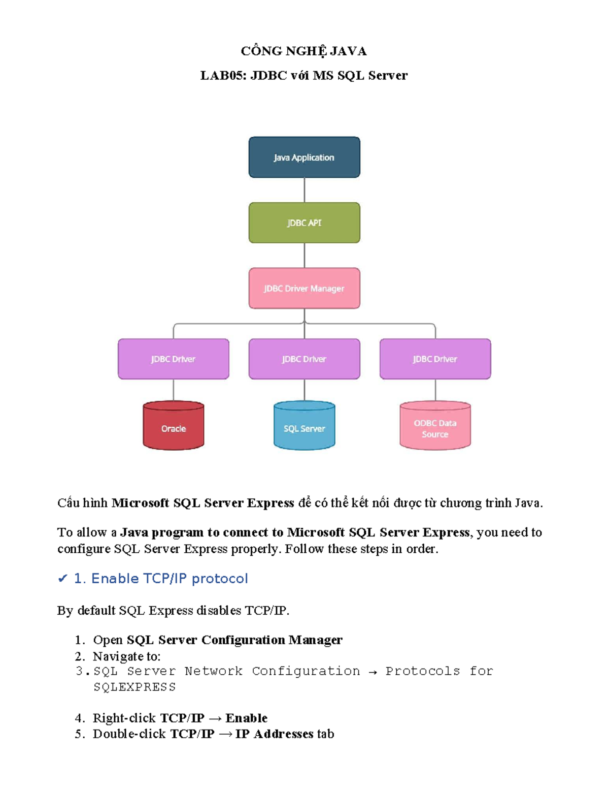 LAB05: JDBC Connection with MS SQL Server Express - Studocu