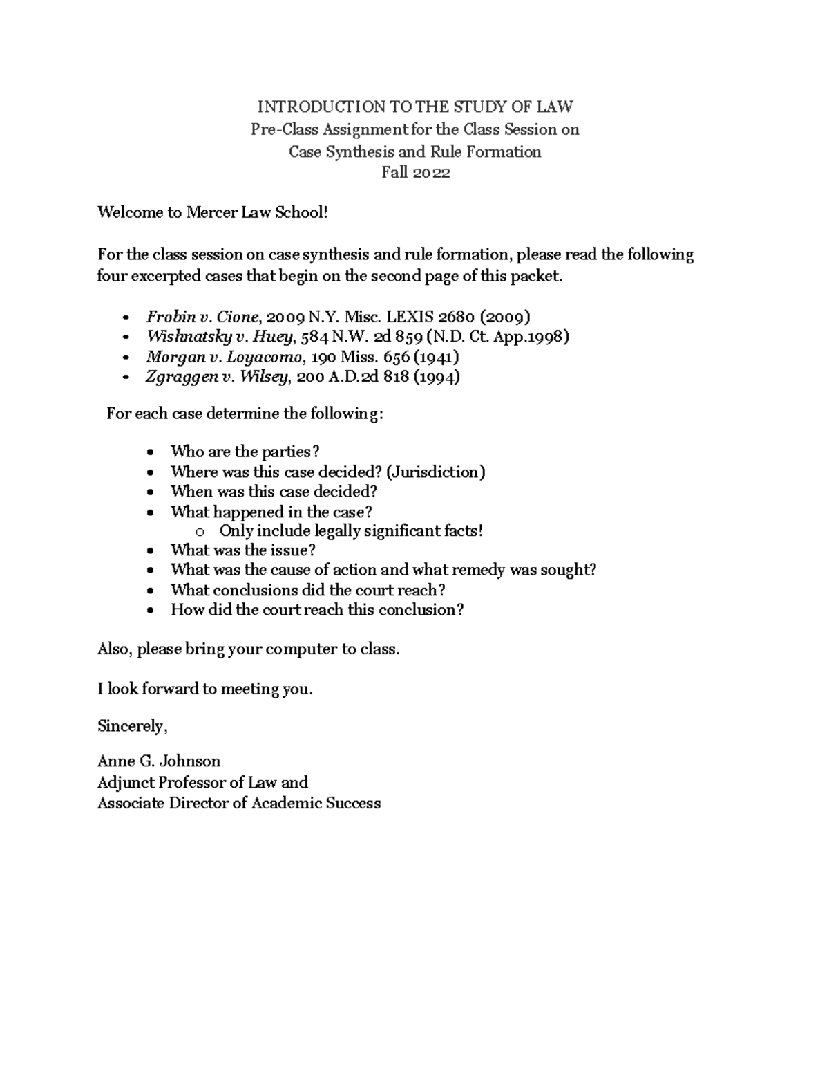 Case Synthesis Packet 2022 - INTRODUCTION TO THE STUDY OF LAW Pre-Class ...