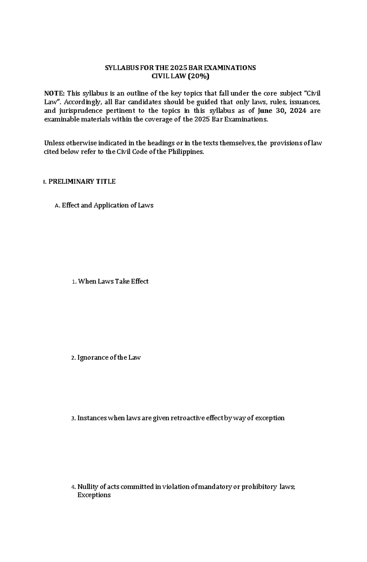 2025 Bar Exam Syllabus: Key Topics in Civil Law - Studocu