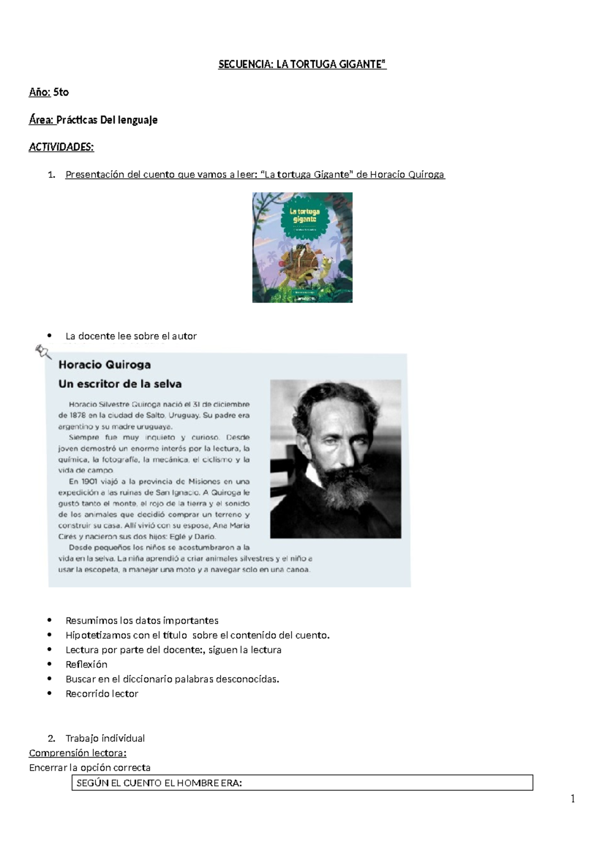 Actividades de Comprensión Lectora sobre "La Tortuga Gigante" SEC 2 ...