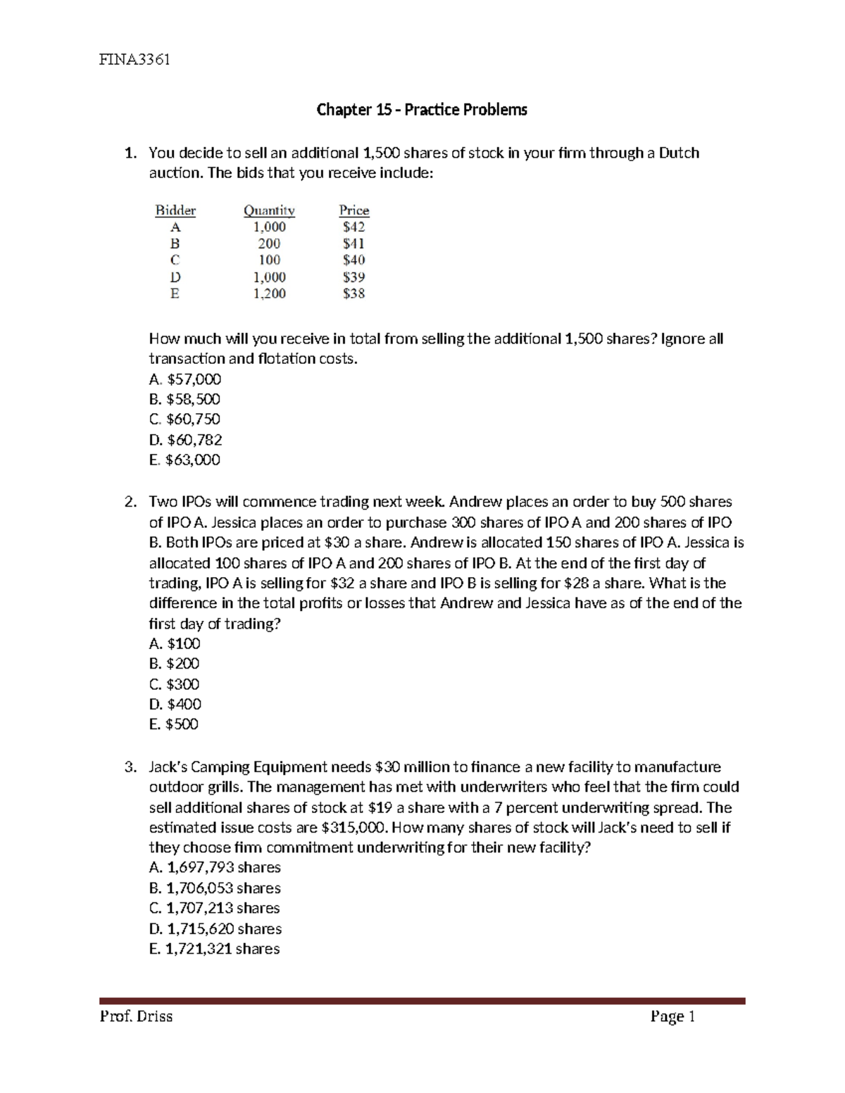 Ch 15 - practice problems - FINA Chapter 15 - Practice Problems 1. You ...