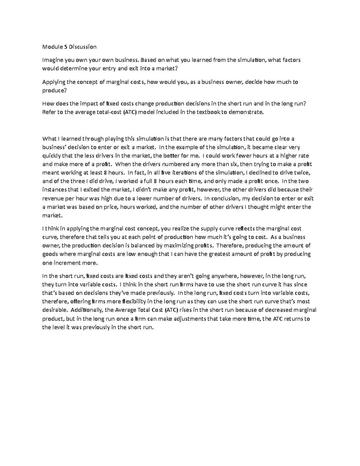 Module 5 Discussion: Market Entry/Exit & Cost Analysis in Business ...