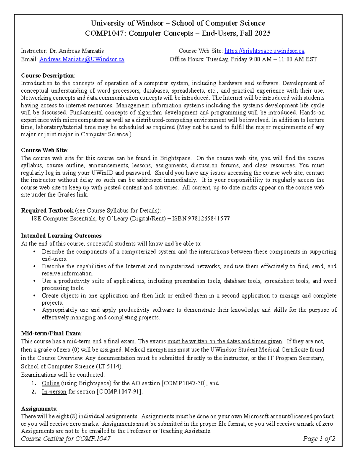 COMP1047: Computer Concepts Course Outline - Fall 2025 - Studocu