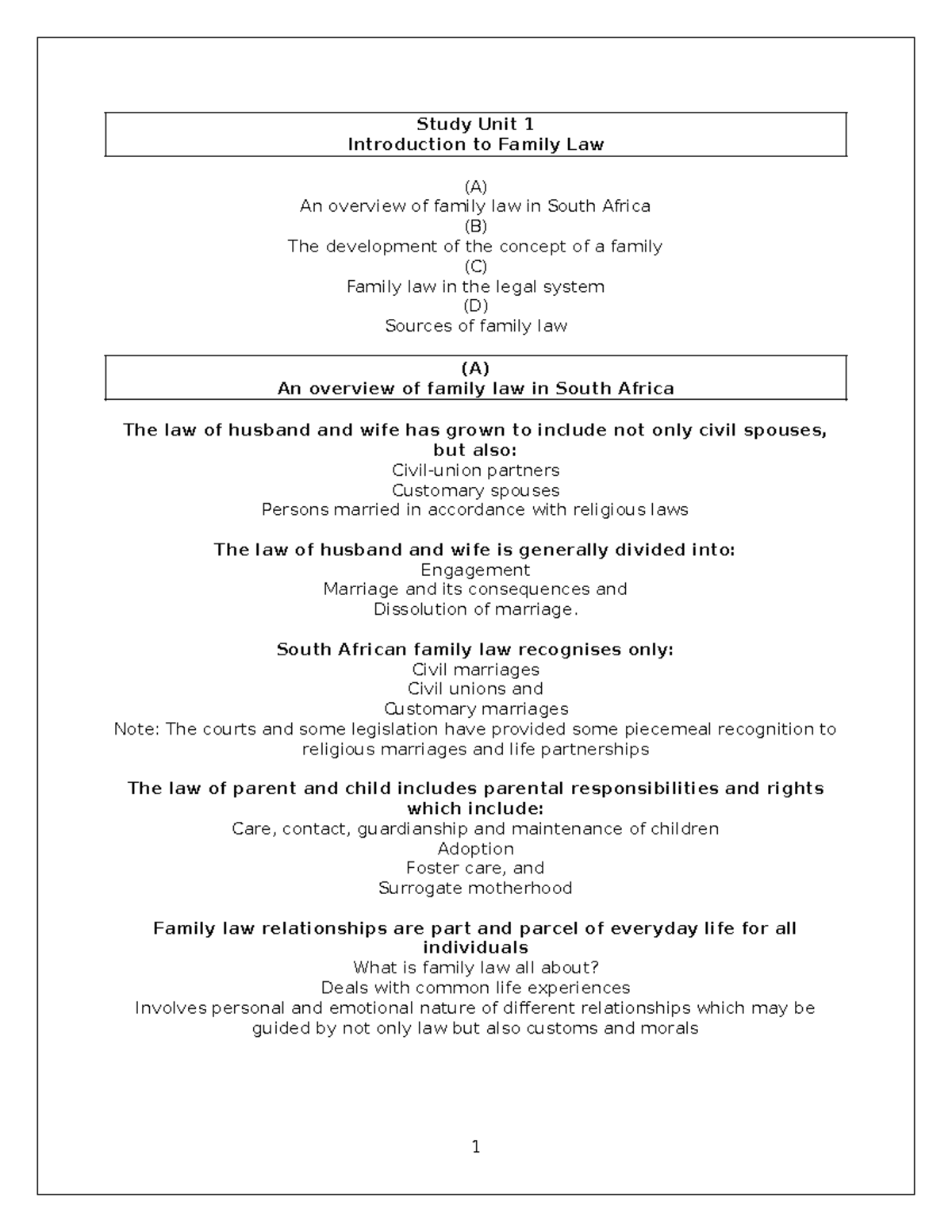 Family Law Overview: Unit 1 Lecture Notes (A) - Studocu