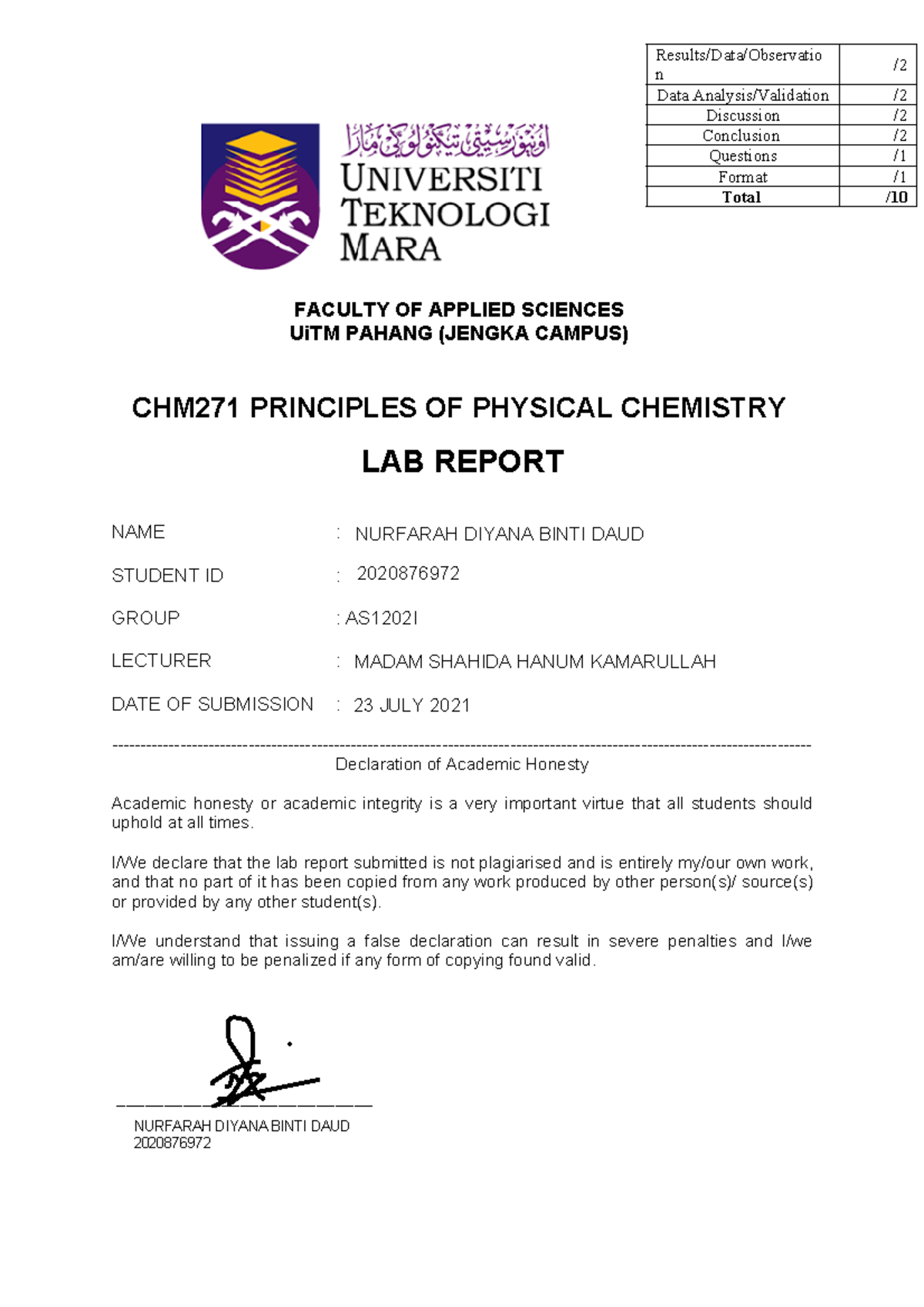 LAB Report AS1202I CHM 271 2021 - Results/Data/Observatio n / Data ...