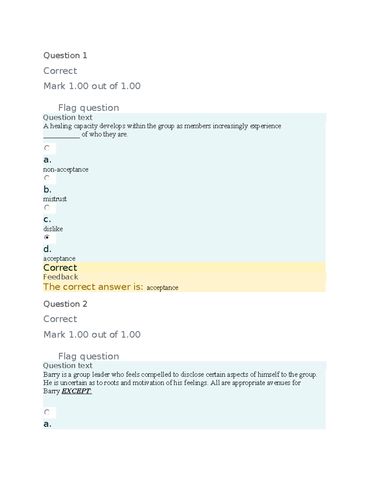Working Stage Quiz - Questions and Answers on Group Therapy Concepts ...