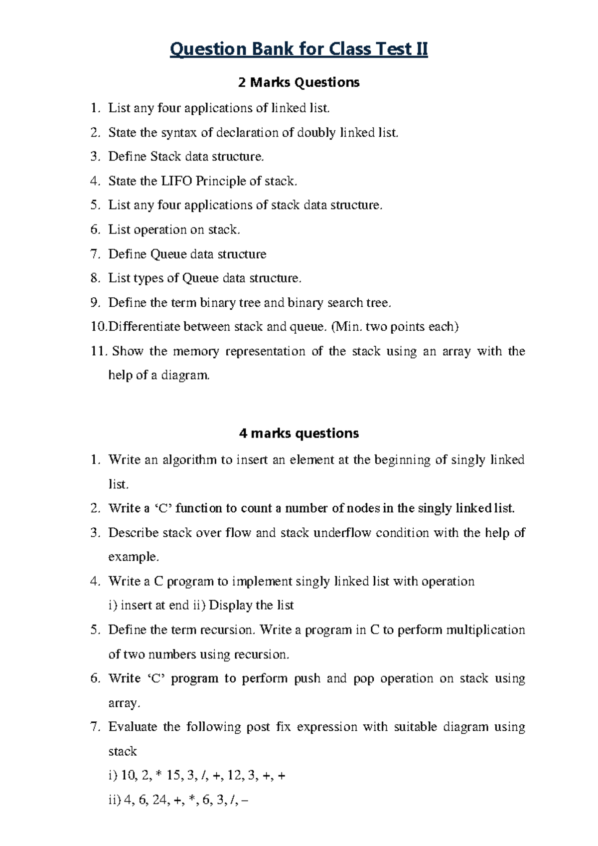 Question Bank for Class Test II: Data Structures & Algorithms - Studocu