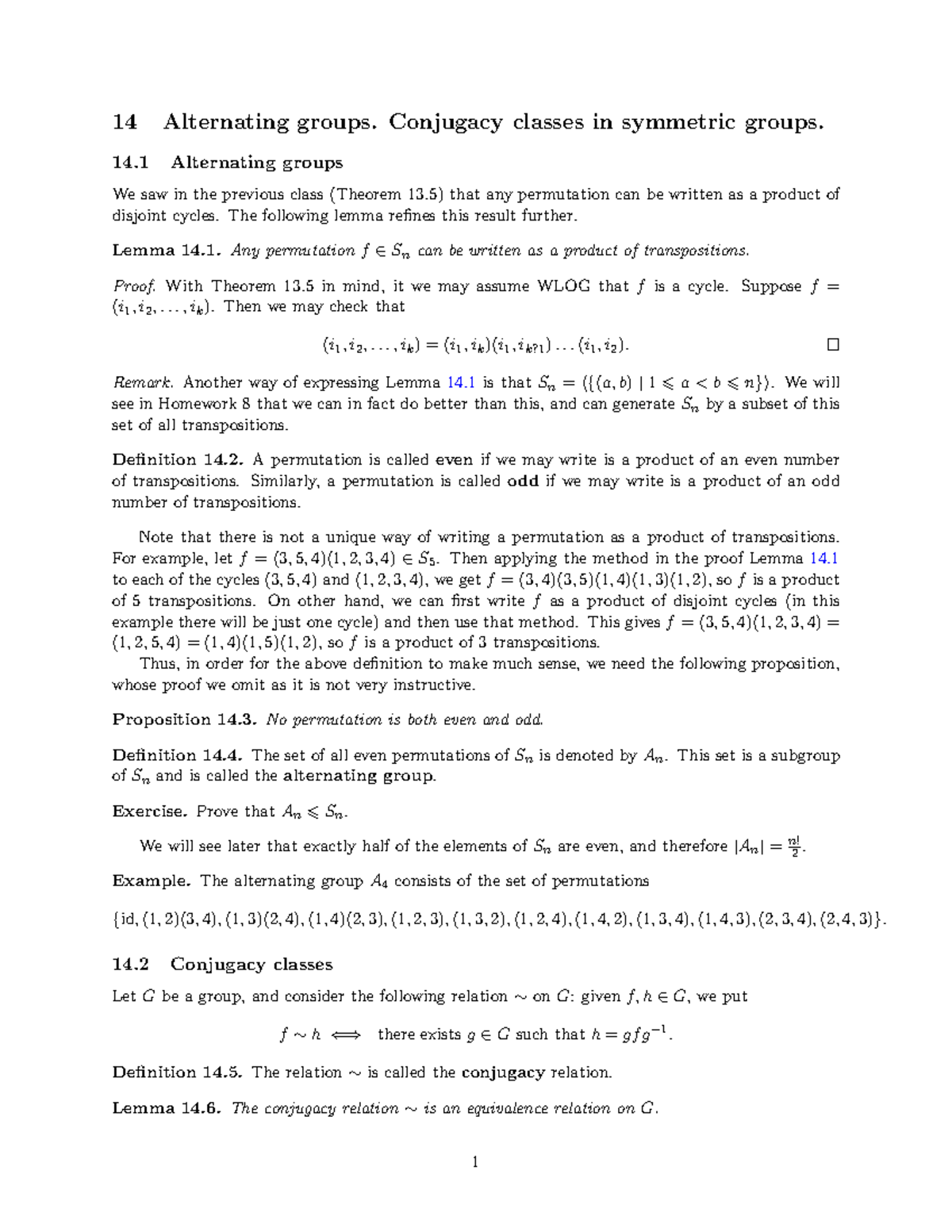 Lecture 14 - Class Notes - 14 Alternating groups. Conjugacy classes in ...