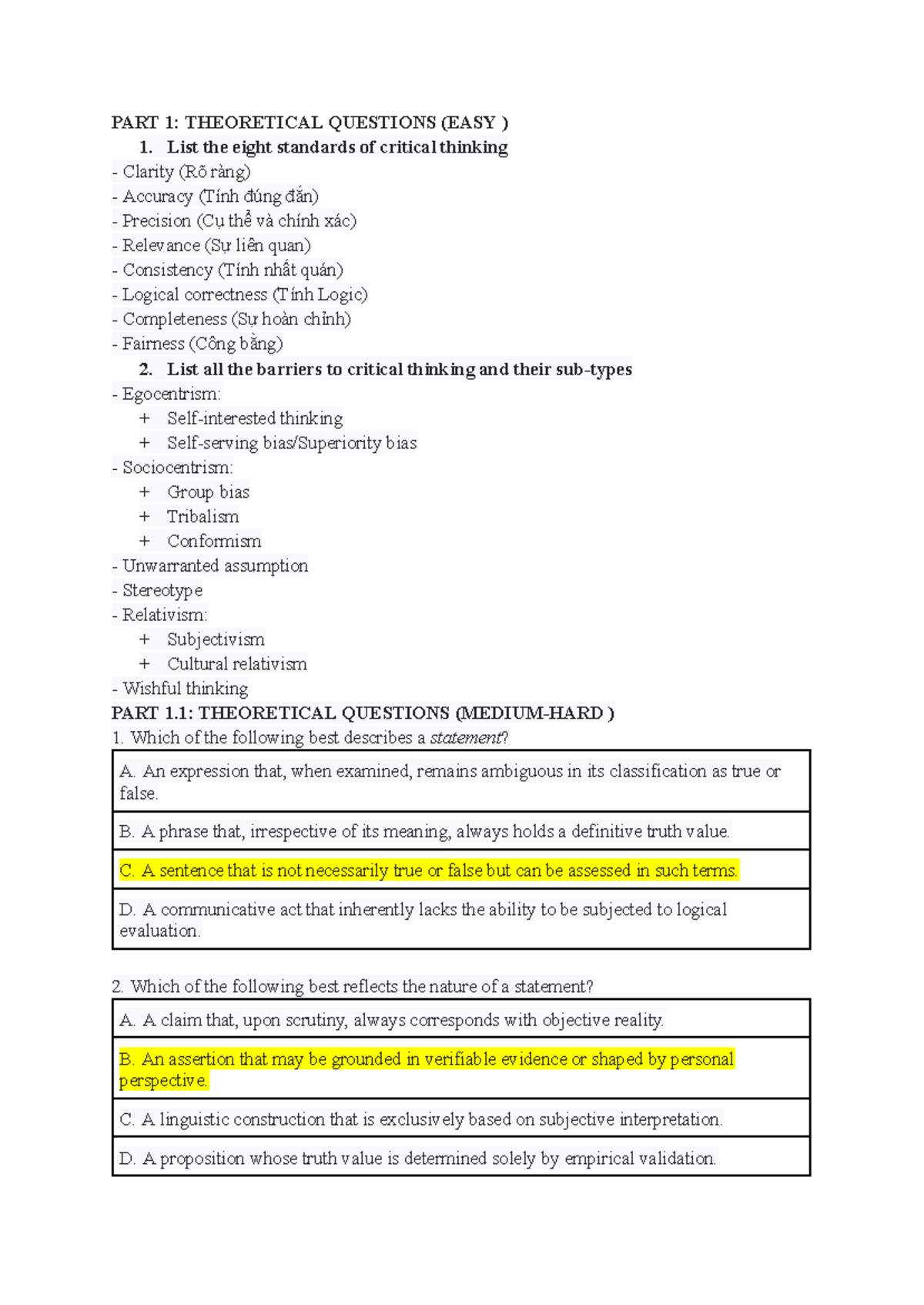 Critical Thinking Standards & Barriers: Practice 2 (Answer Key) - Studocu