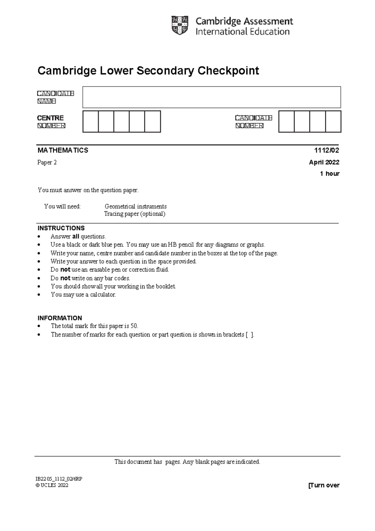 Cambridge Lower Secondary Checkpoint Mathematics MATHEMATICS Paper 2 ...