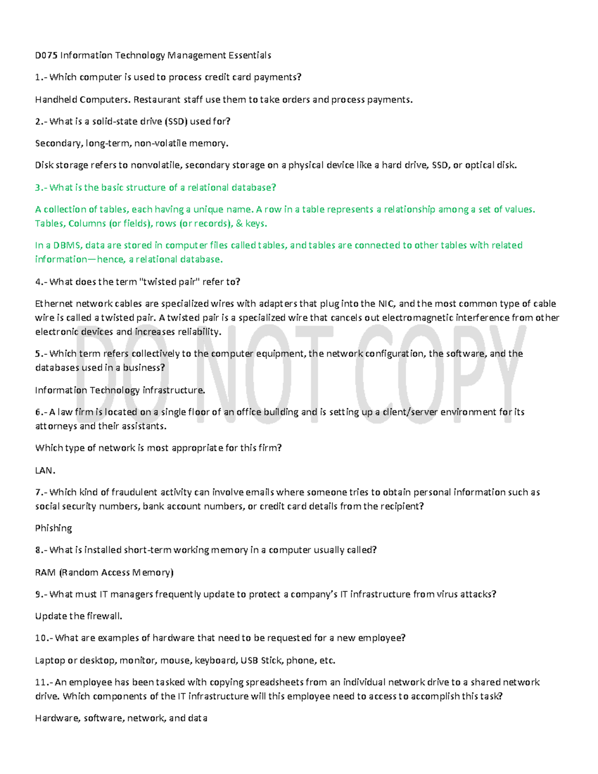 Practice Test D075: IT Management Essentials for 70% Pass Rate - Studocu