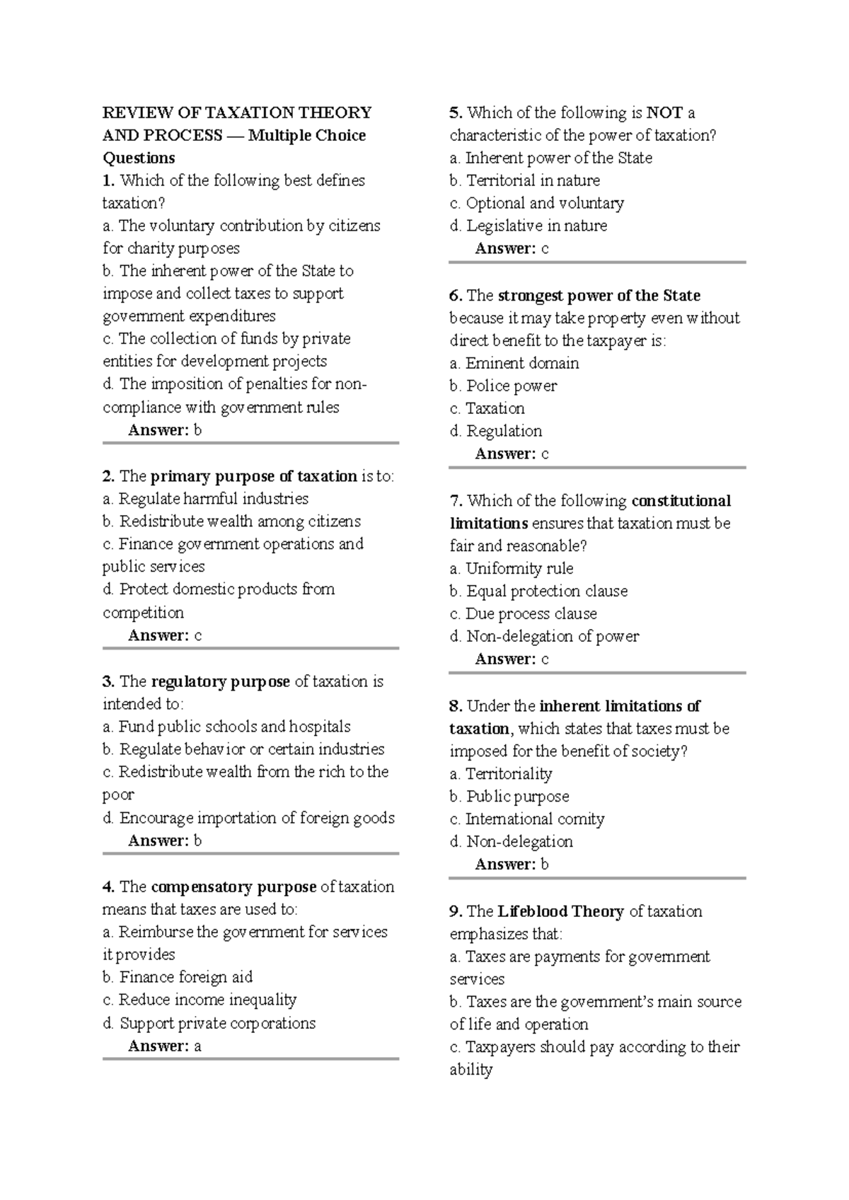 REVIEW OF TAXATION THEORY AND PROCESS: Q&A for Exam Prep - Studocu