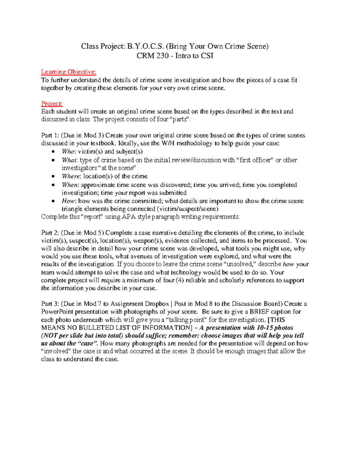 CRM230 B.Y.O.C. Project Steps for Intro to CSI Class - Studocu