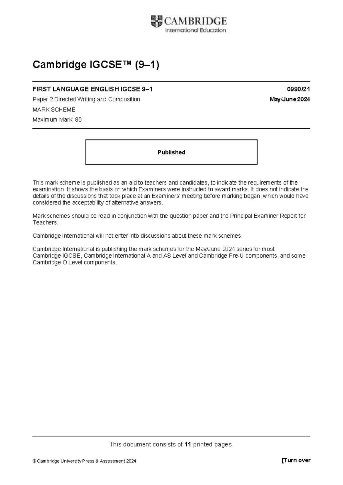 Cambridge IGCSE FIRST LANGUAGE ENGLISH 2024 Paper 2 Mark Scheme - Studocu