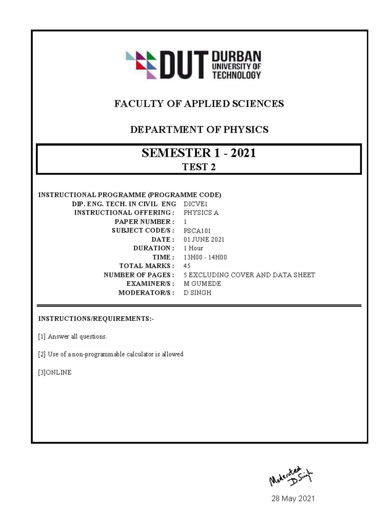 PSCA101 Physics A Test 2 - Semester 1 2021 [DICVE1] - Studocu