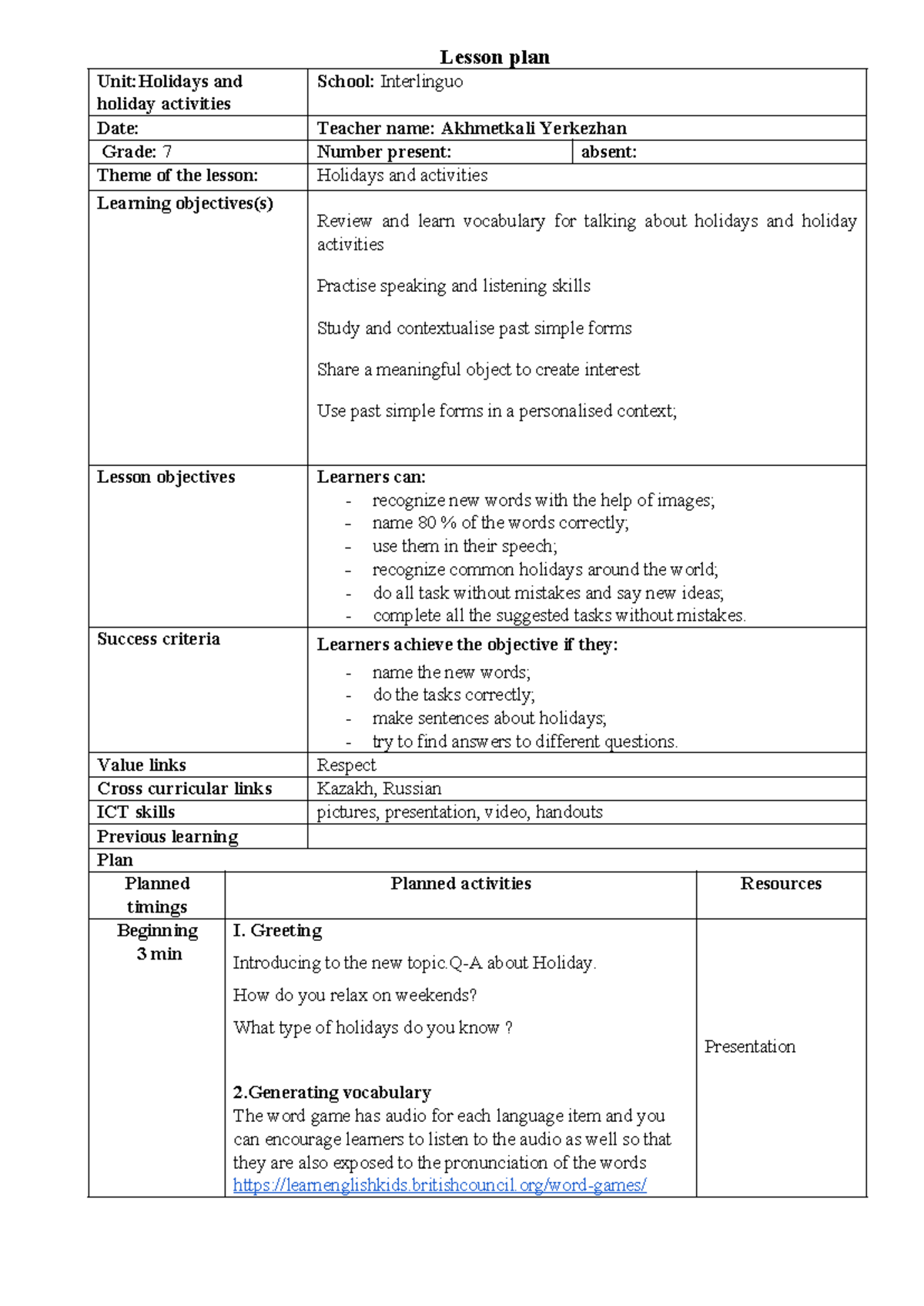 Lesson 1.Special Days - Lesson plan Unit:Holidays and holiday ...