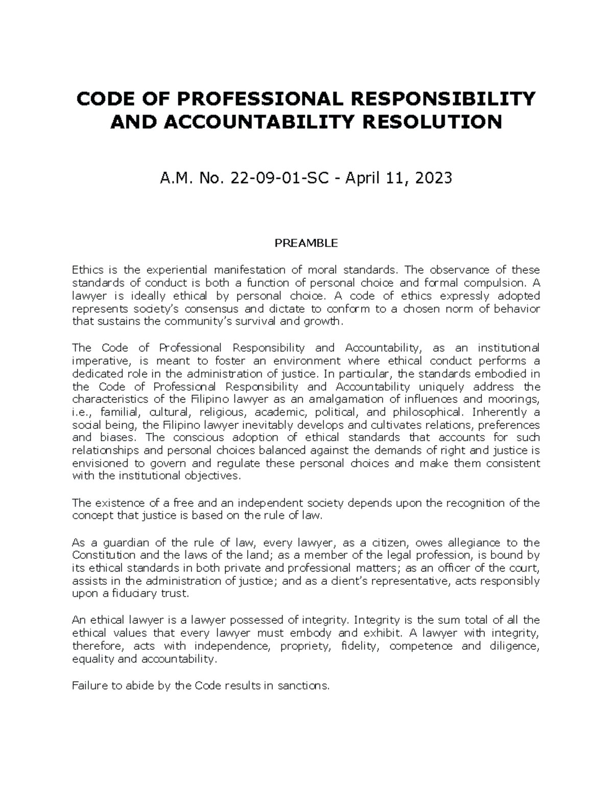 CODE OF Professional Responsibility AND Accountability Resolution ...