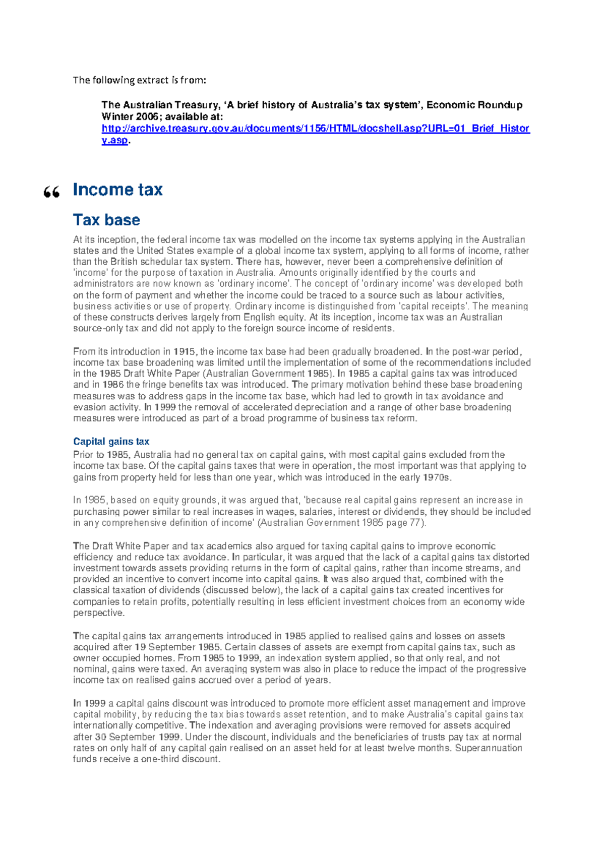 Treasury (2006) Overview of Australia's Tax System Evolution - Studocu