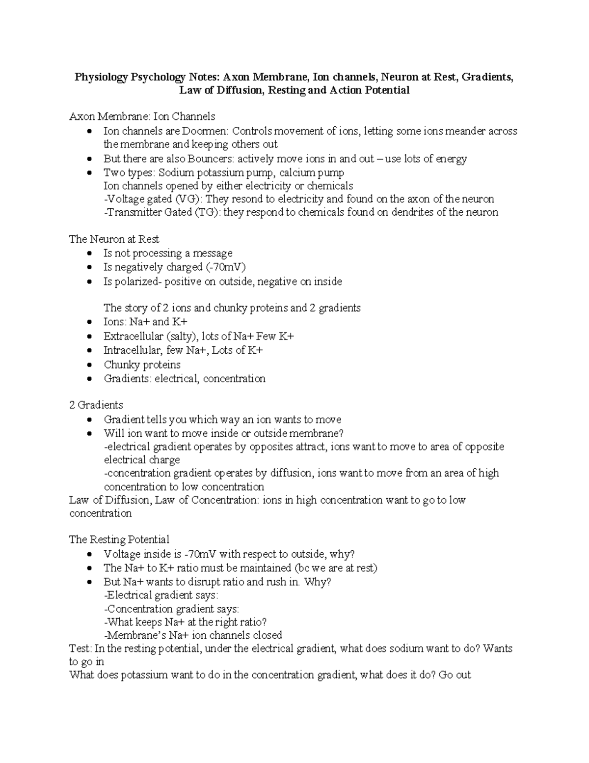 Physiology Psychology Notes The Chemistry of Ions^J Neurons^J Gradients ...