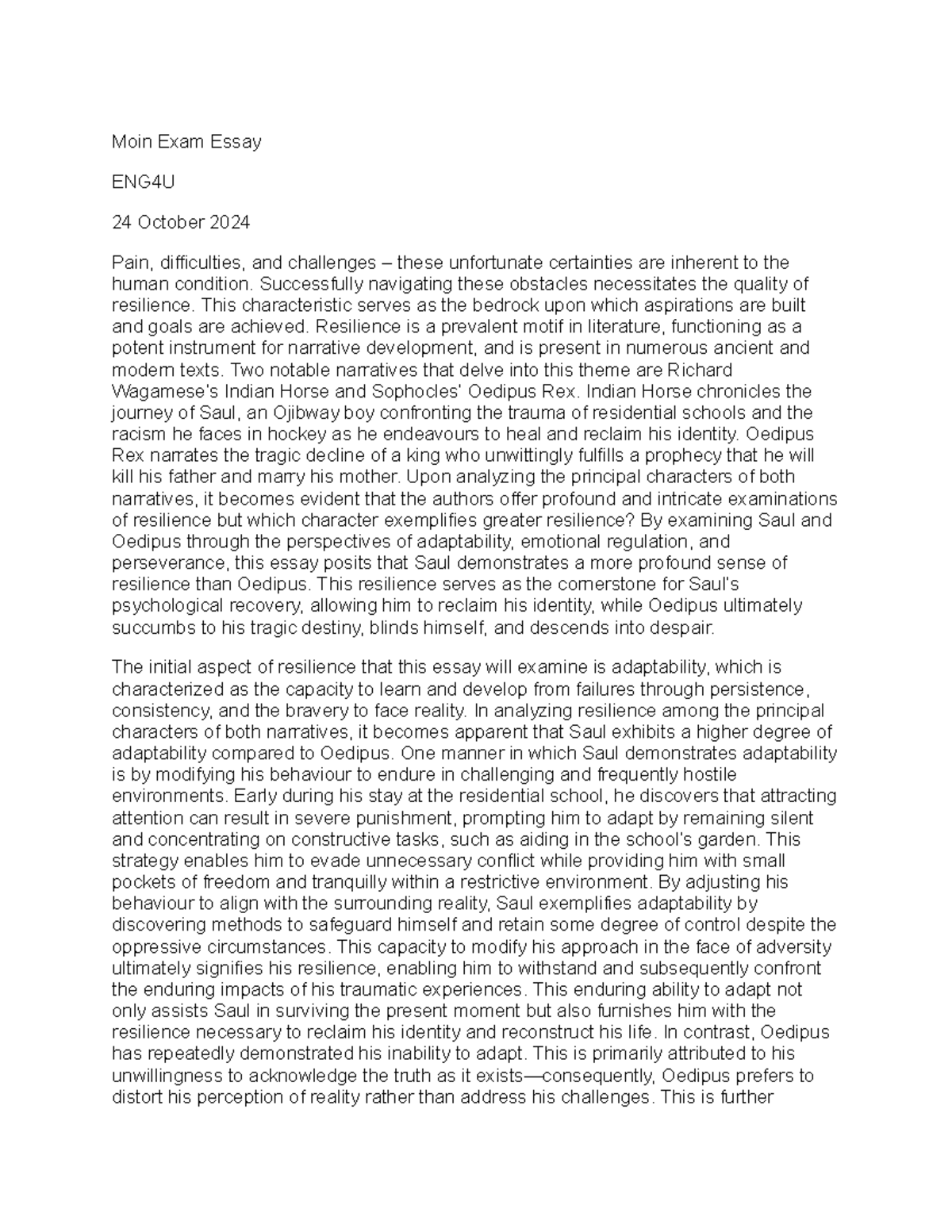 ENG4U Final Exam Essay: Resilience in Indian Horse vs. Oedipus Rex ...