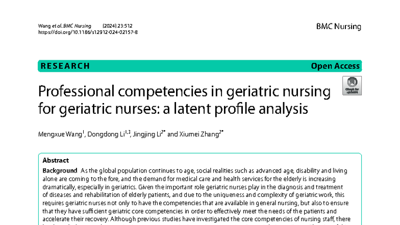 Professional Competencies in Geriatric Nursing: A Latent Profile ...