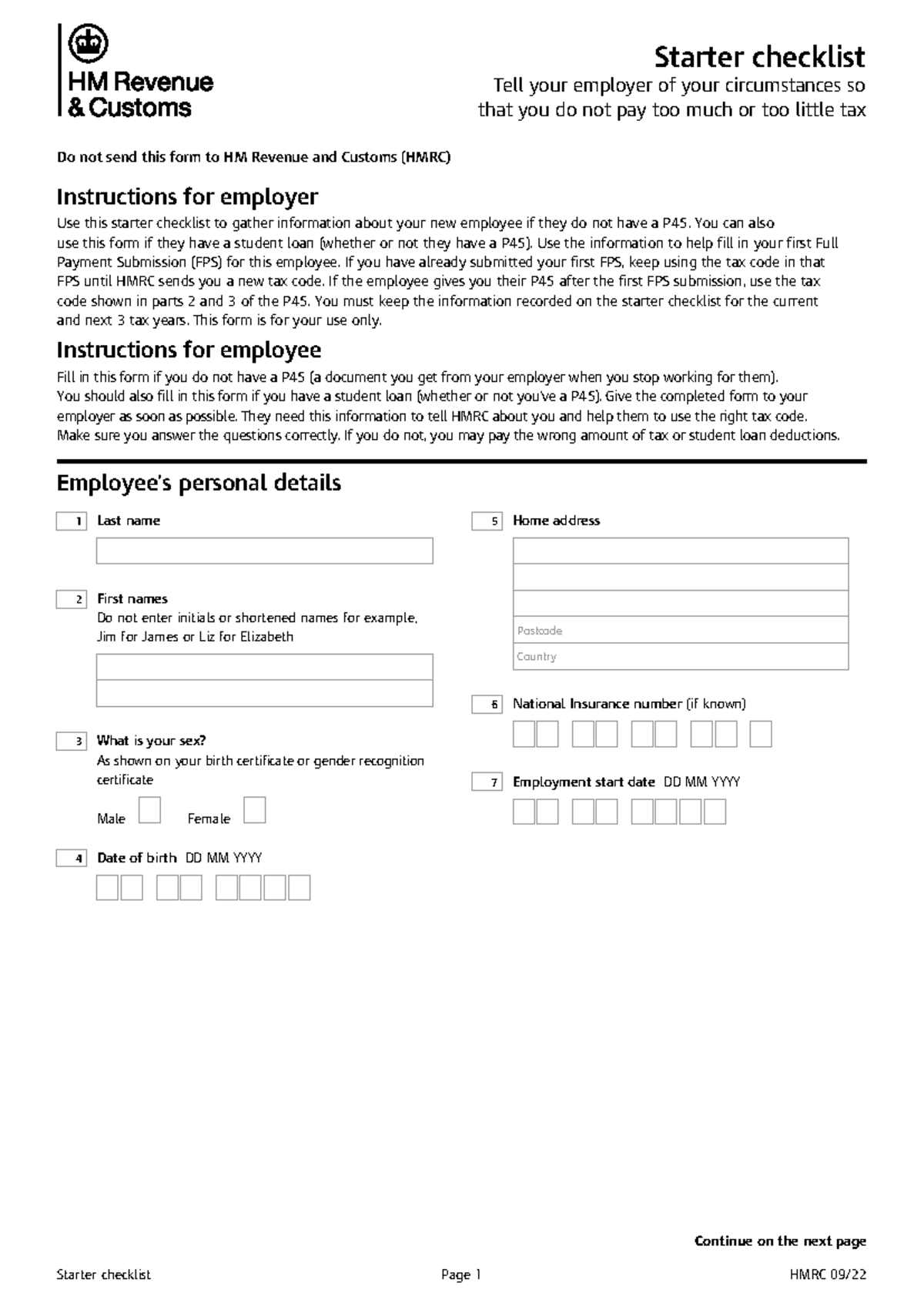 HMRC Starter Checklist - Starter checklist Tell your employer of your ...