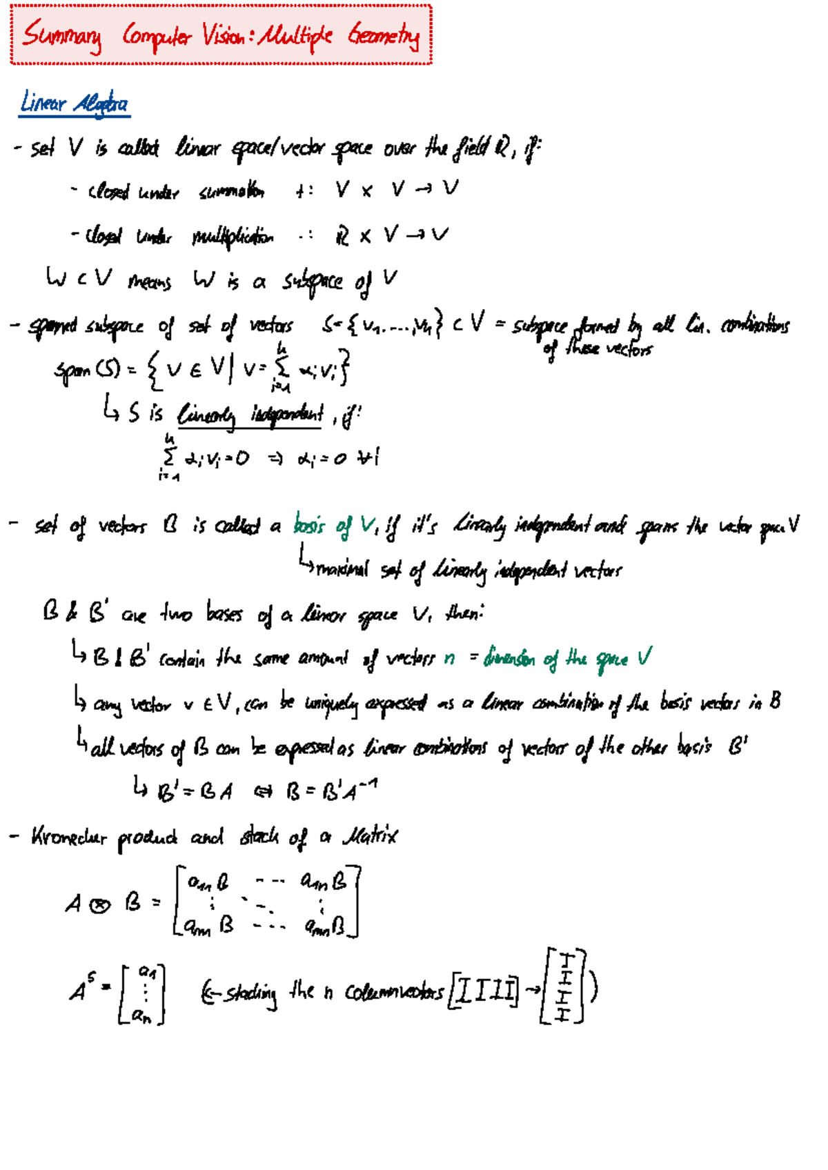 Summary of Computer Vision Concepts: Linear Algebra & Geometry - Studocu