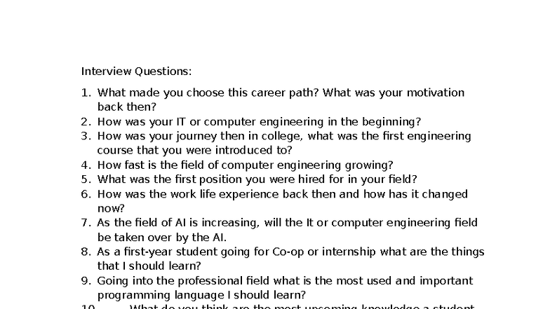 Informational Interview Questions for IT Careers - Studocu