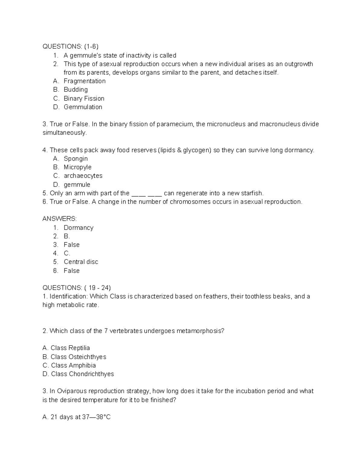 Quiz: Asexual Reproduction & Vertebrate Classes (Chem) - Studocu