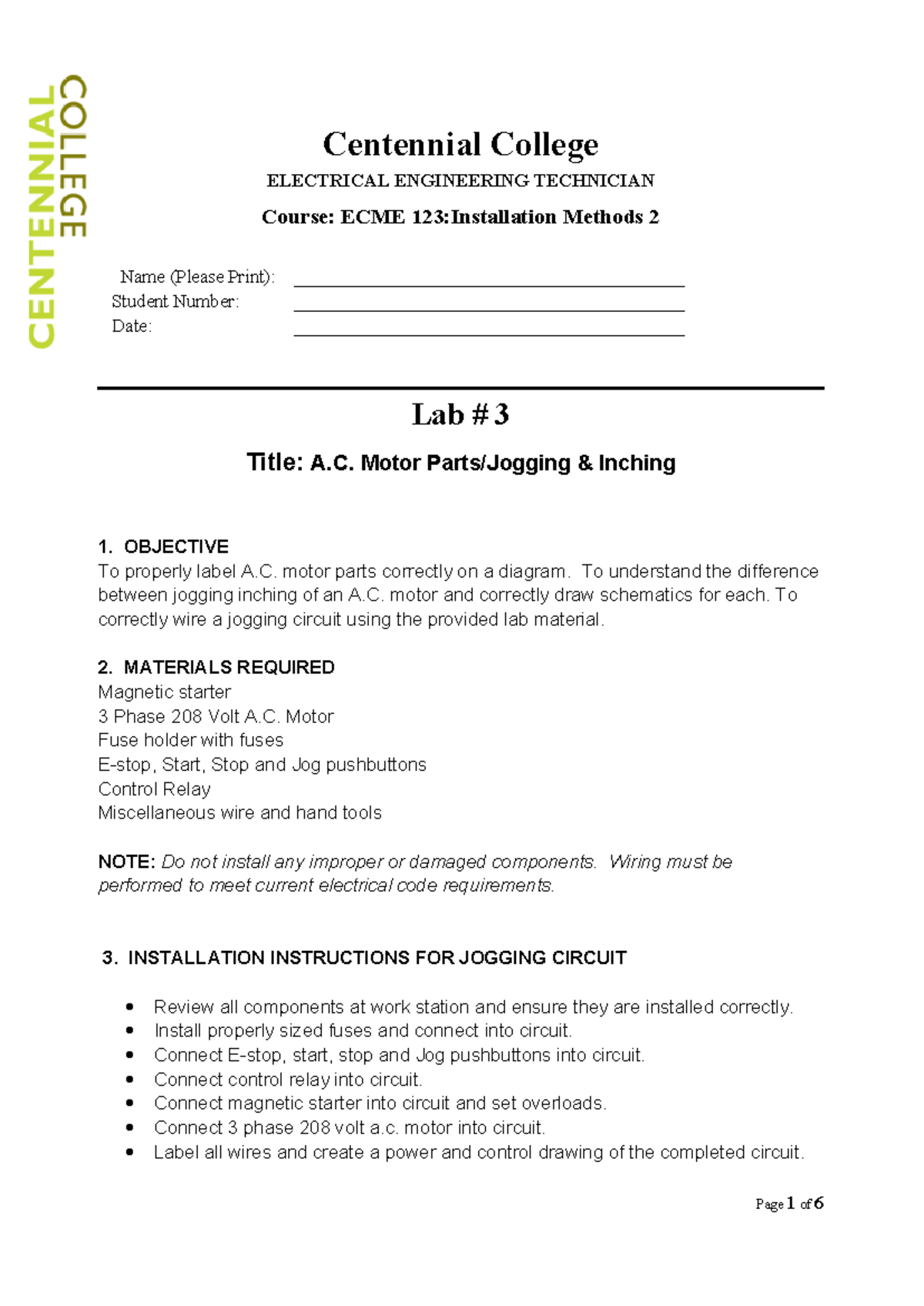 Lab 3 AC Parts Multiple Pushbutton and Jogging Lab - Centennial College ELECTRICAL ENGINEERING ...