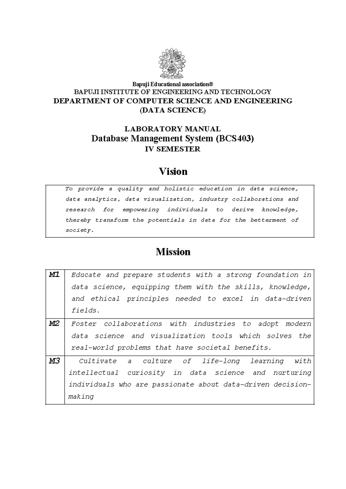 Database Management System Lab Manual (BCS403) - Student Guide - Studocu