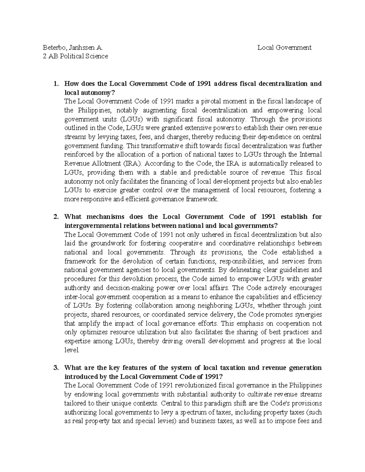 Beterbo Fiscal Autonomy - Beterbo, Janhssen A. Local Government 2 AB ...