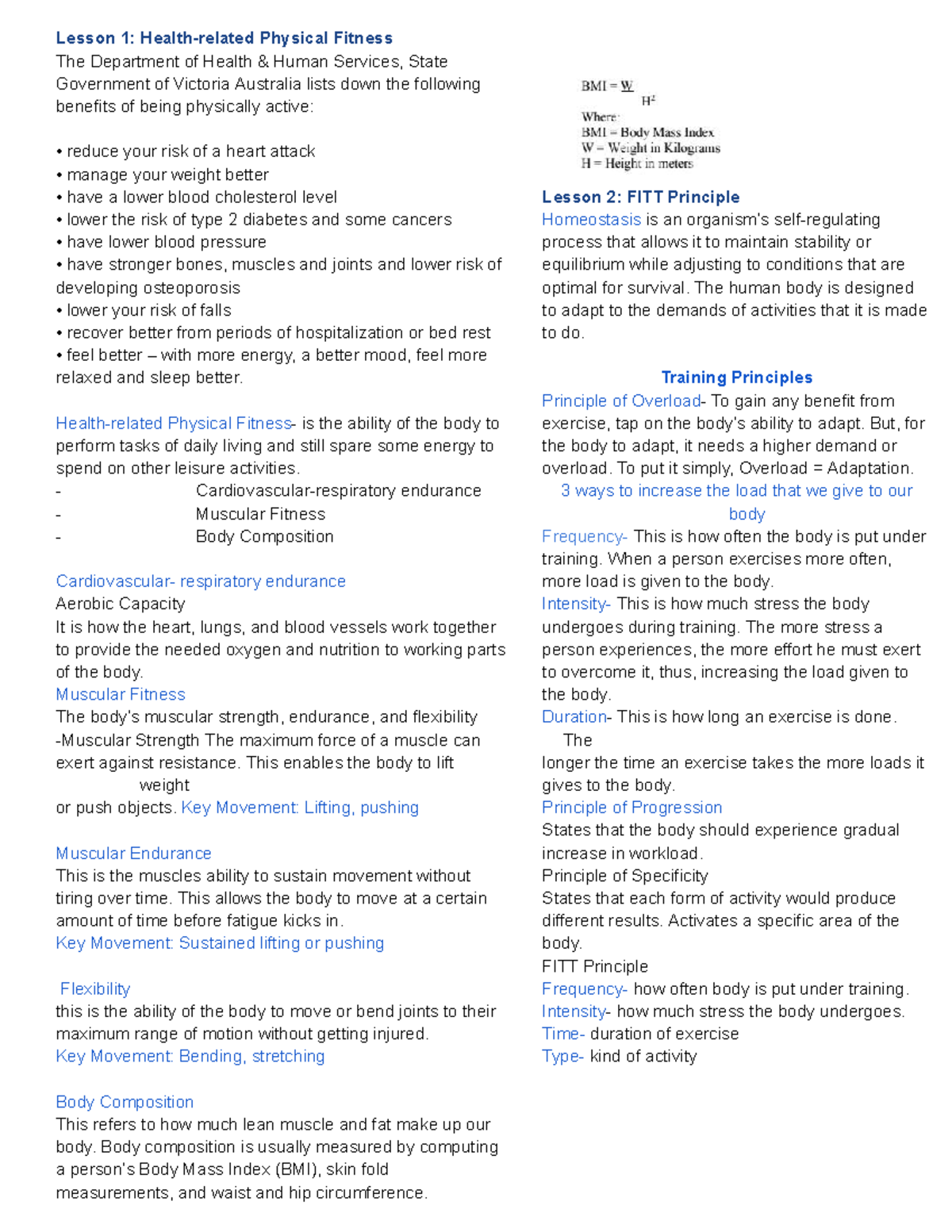 QRTR 1 PE&Health: Physical Fitness & FITT Principles Notes - Studocu