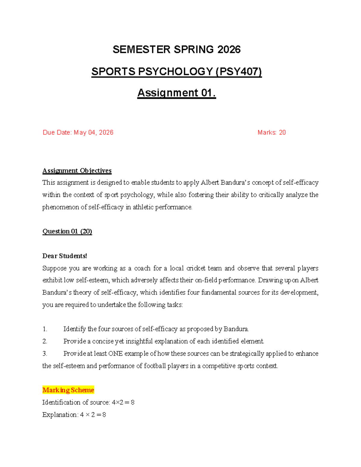 Spring 2026 PSY407 Sports Psychology Assignment 01: Analyzing Albert's ...